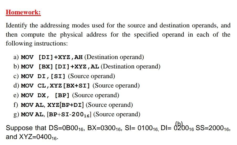Homework: Identify the addressing modes used for the | Chegg.com