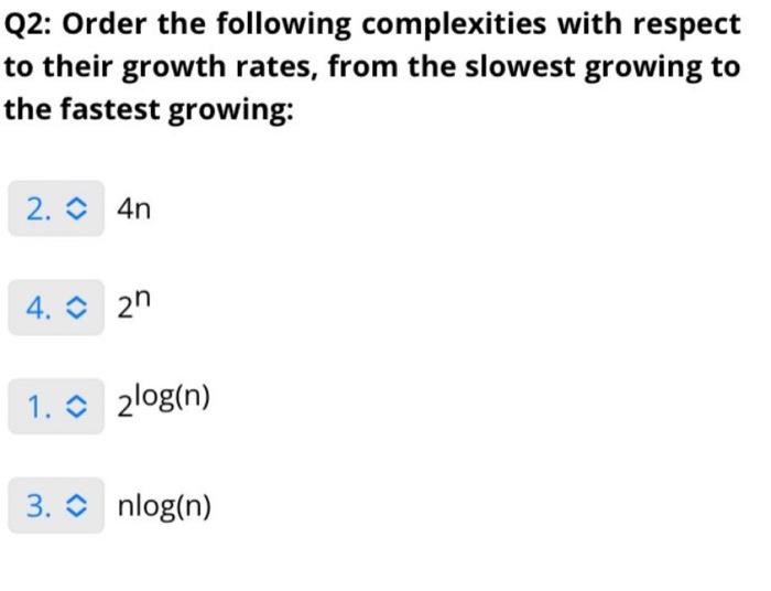 Solved Q2: Order the following complexities with respect to | Chegg.com