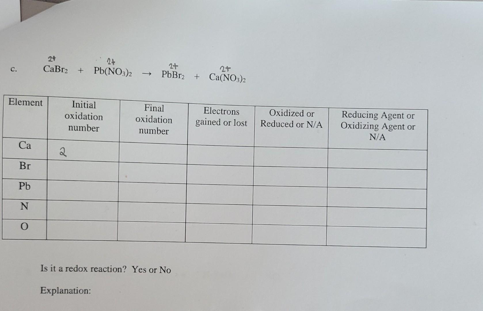 Solved 2+ 24 CaBr2 + Pb(NO3)2 Initial oxidation number C. | Chegg.com