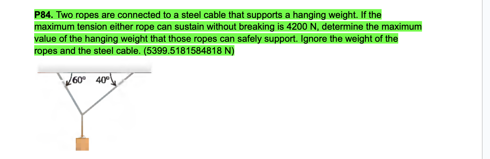 Solved P84. ﻿Two ropes are connected to a steel cable that | Chegg.com