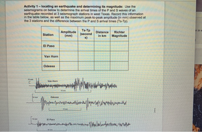 Solved Activity 1 - locating an earthquake and determining | Chegg.com