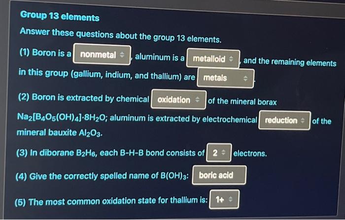 Solved Answer these questions about the group 13 elements. | Chegg.com