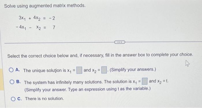 Solved Solve using augmented matrix methods. | Chegg.com