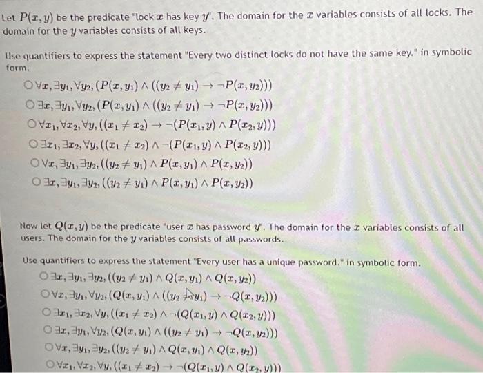 Solved Let P(x,y) be the predicate "lock x has key y′′. The | Chegg.com