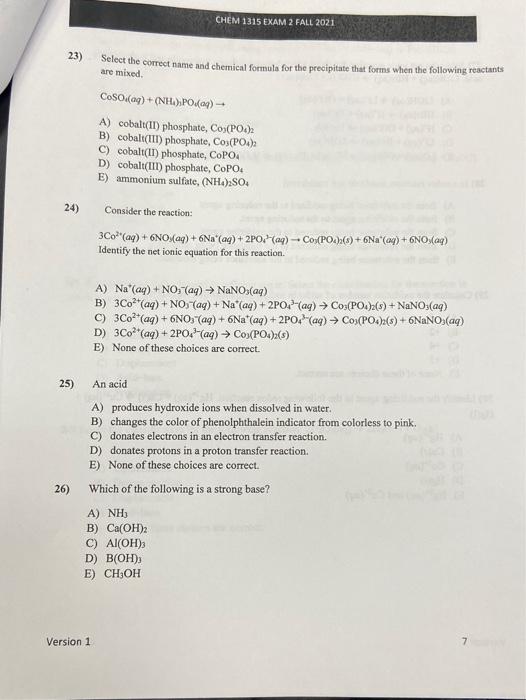 Solved CHEM 1315 EXAM 2 FALL 2021 23) Select the correct | Chegg.com