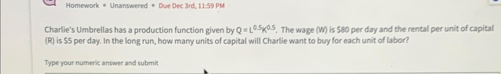 Solved Charlie's Umbrellas has a production function given | Chegg.com