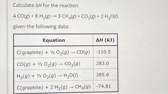 Solved Calculate AH for the reaction 4 CO(g) + 8 H₂(g) → 3 | Chegg.com