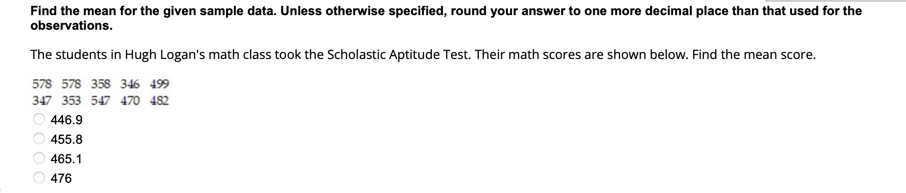 Solved Find the mean for the given sample data. Unless | Chegg.com