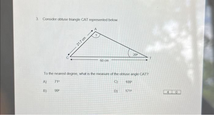 Solved 3. Consider obtuse triangle CAT represented below To | Chegg.com