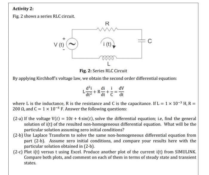 Solved Activity 2: Fig. 2 shows a series RLC circuit. V (t) | Chegg.com