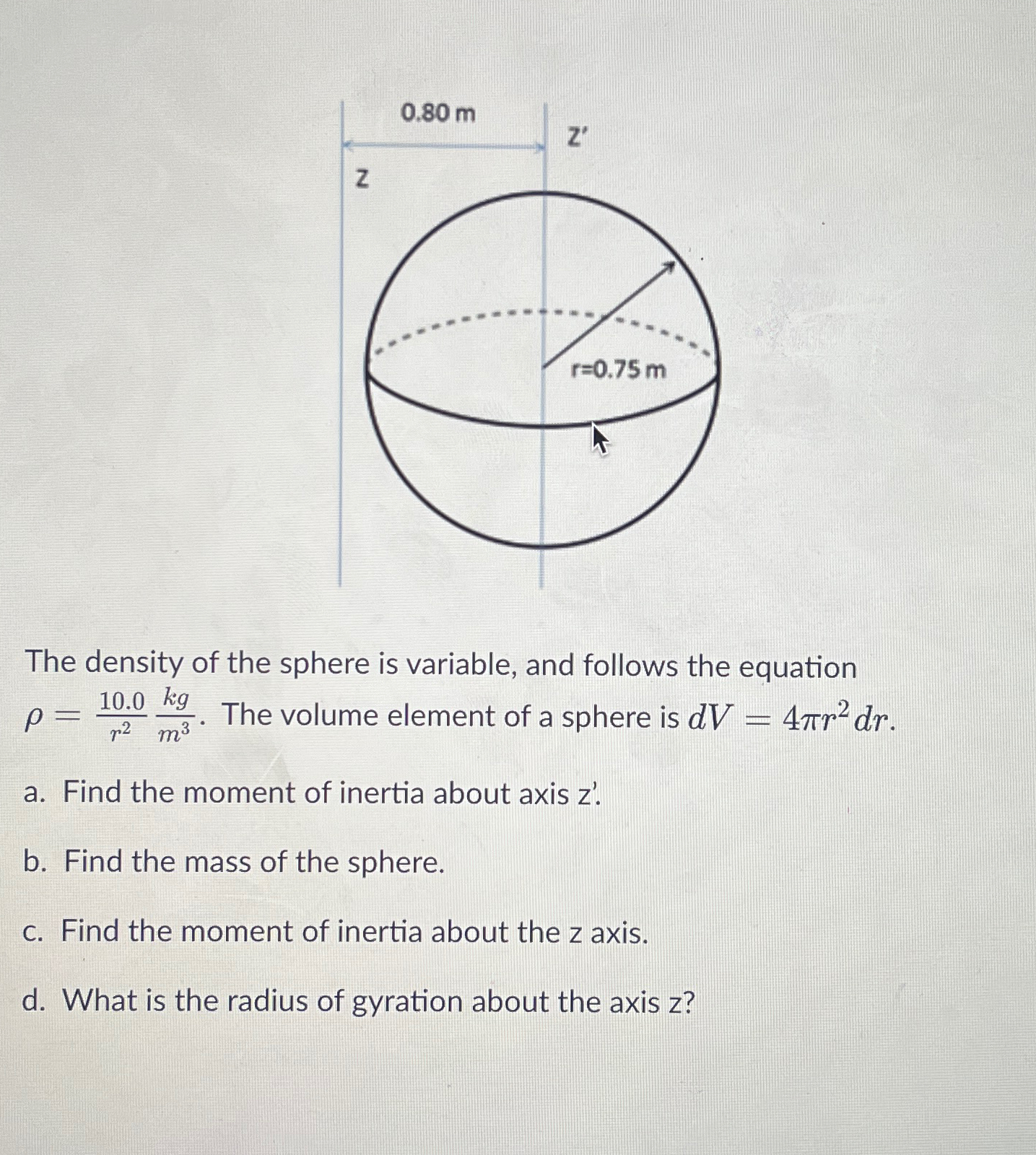 Solved The density of the sphere is variable, and follows | Chegg.com