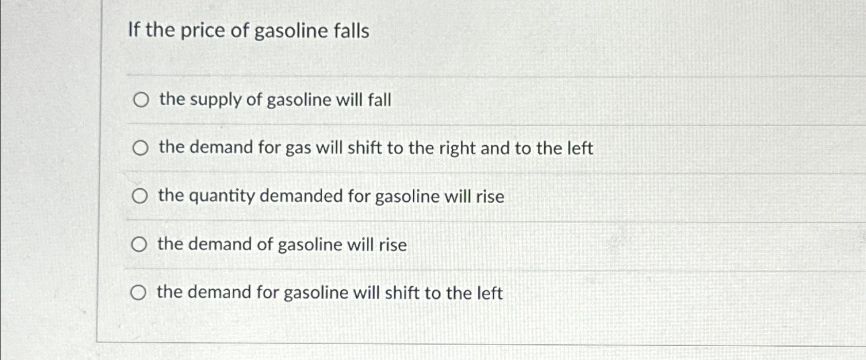 Solved If the price of gasoline fallsthe supply of gasoline | Chegg.com