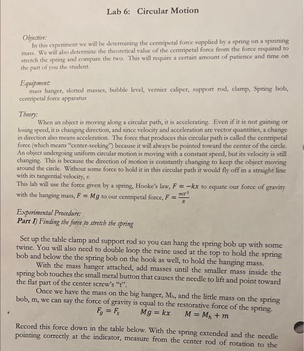Solved Lab 6: Circular Motion Objective: In this expcriment | Chegg.com