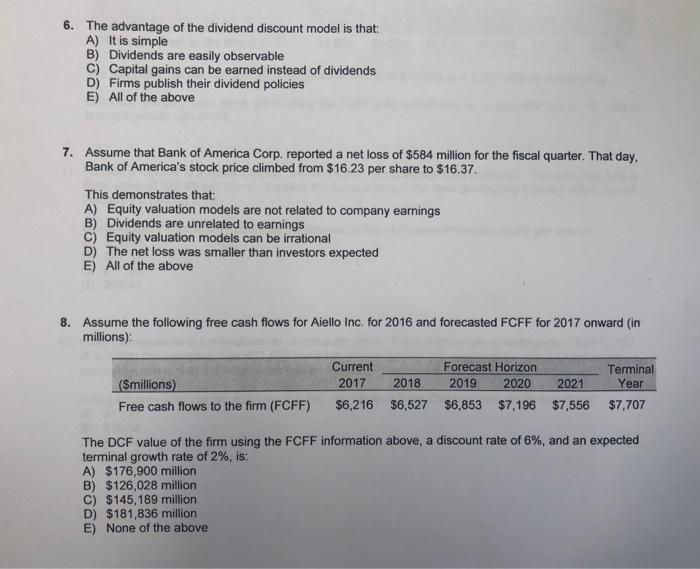 Solved 6. The advantage of the dividend discount model is | Chegg.com