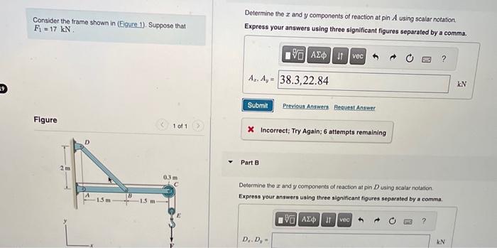 Solved Determine the x and y components of reaction at pin A | Chegg.com