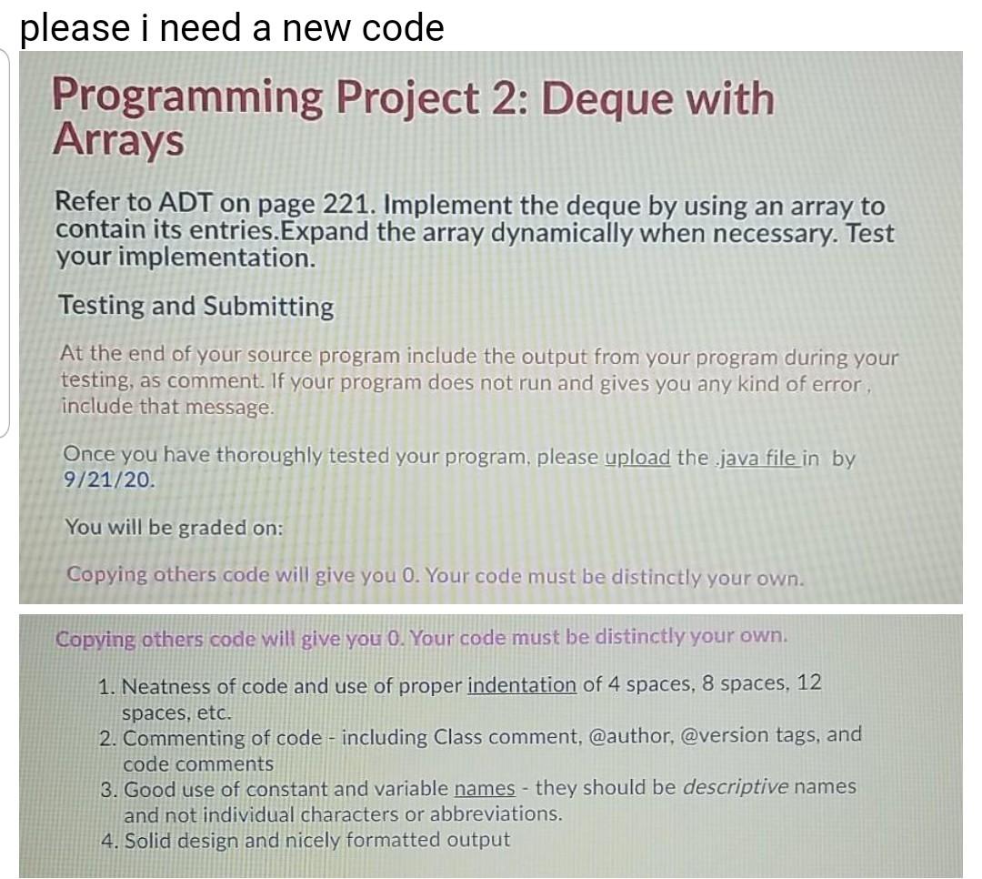 Solved please i need a new code Programming Project 2: Deque | Chegg.com Solved please i need a new code Programming Project 2: Deque | Chegg.com