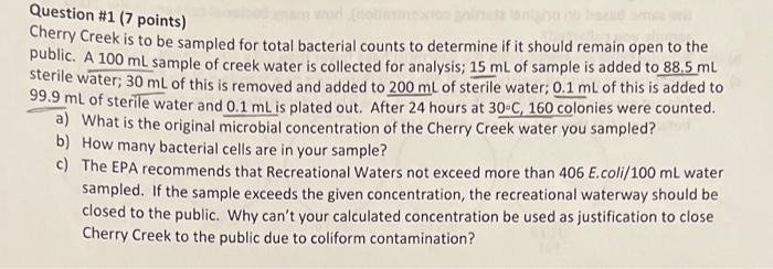 Solved Question #1 (7 points) Cherry Creek is to be sampled | Chegg.com