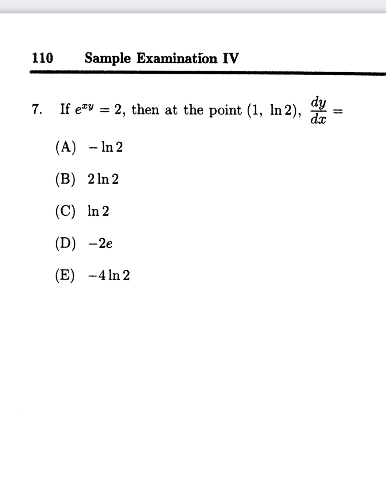 Solved 110Sample Examination IV7. ﻿If exy=2, ﻿then at the | Chegg.com