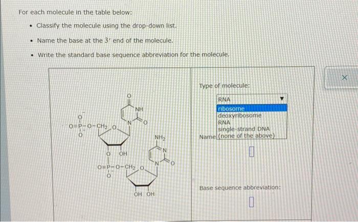 Solved For each molecule in the table below: - Classify the | Chegg.com