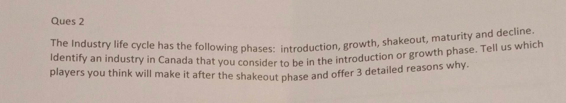 Solved Ques 2 The Industry life cycle has the following | Chegg.com