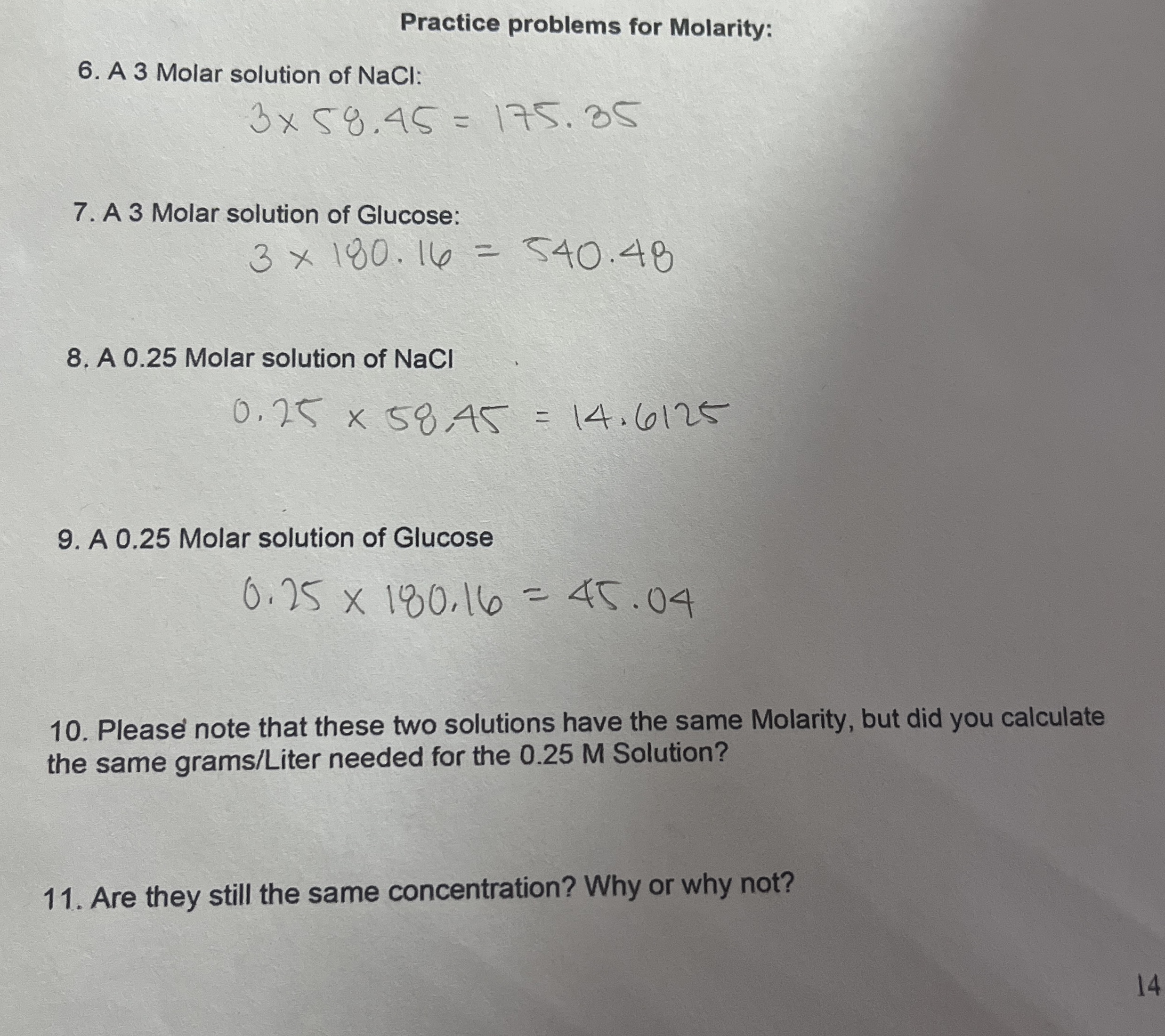 Solved Practice problems for Molarity:6. ﻿A 3 ﻿Molar | Chegg.com