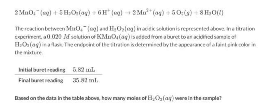 Solved The reaction between MnO4- (aq) and H2O2(aq) in | Chegg.com