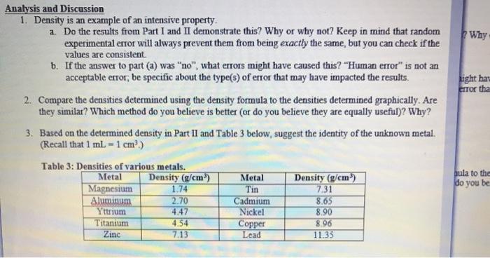 Solved Part I: Mass and Volume Measurements for Water Table | Chegg.com