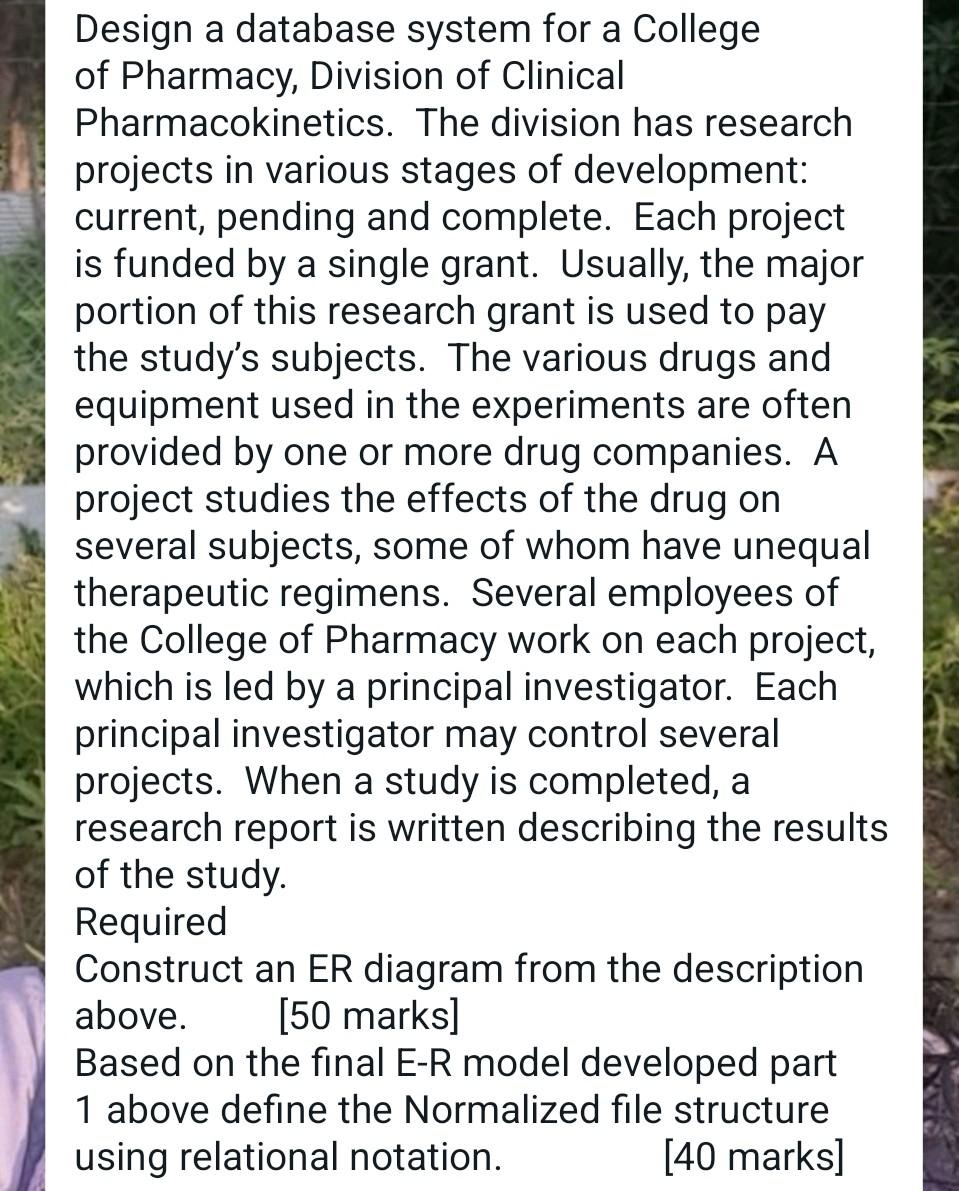 Solved Design a database system for a College of Pharmacy, | Chegg.com