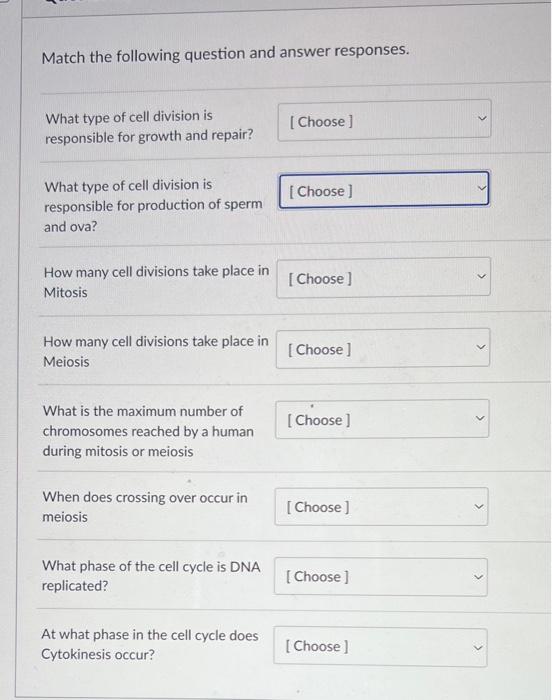 Solved Match the following question and answer responses. | Chegg.com