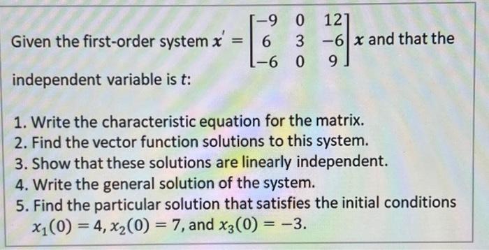 Solved Given the first-order system x′=⎣⎡−96−603012−69⎦⎤x | Chegg.com