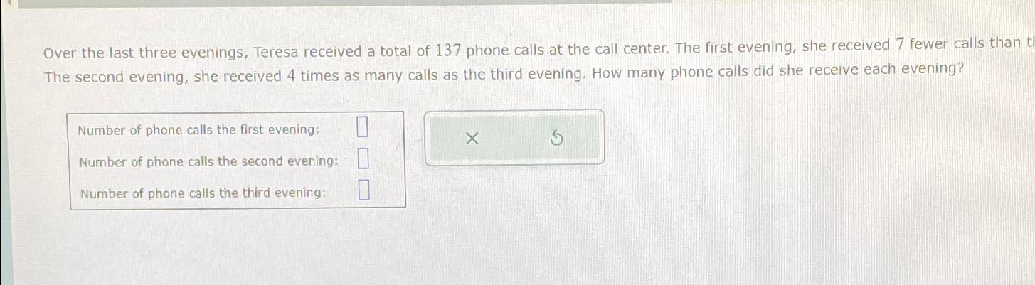 Solved Over the last three evenings, Teresa received a total | Chegg.com