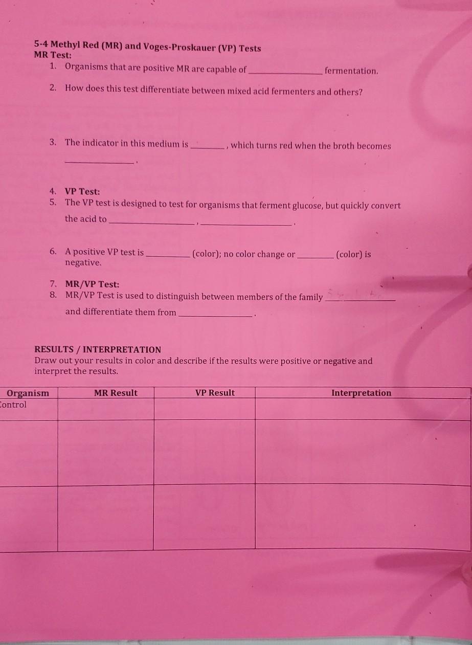 Solved 5-4 Methyl Red (MR) and Voges-Proskauer (VP) Tests MR | Chegg.com