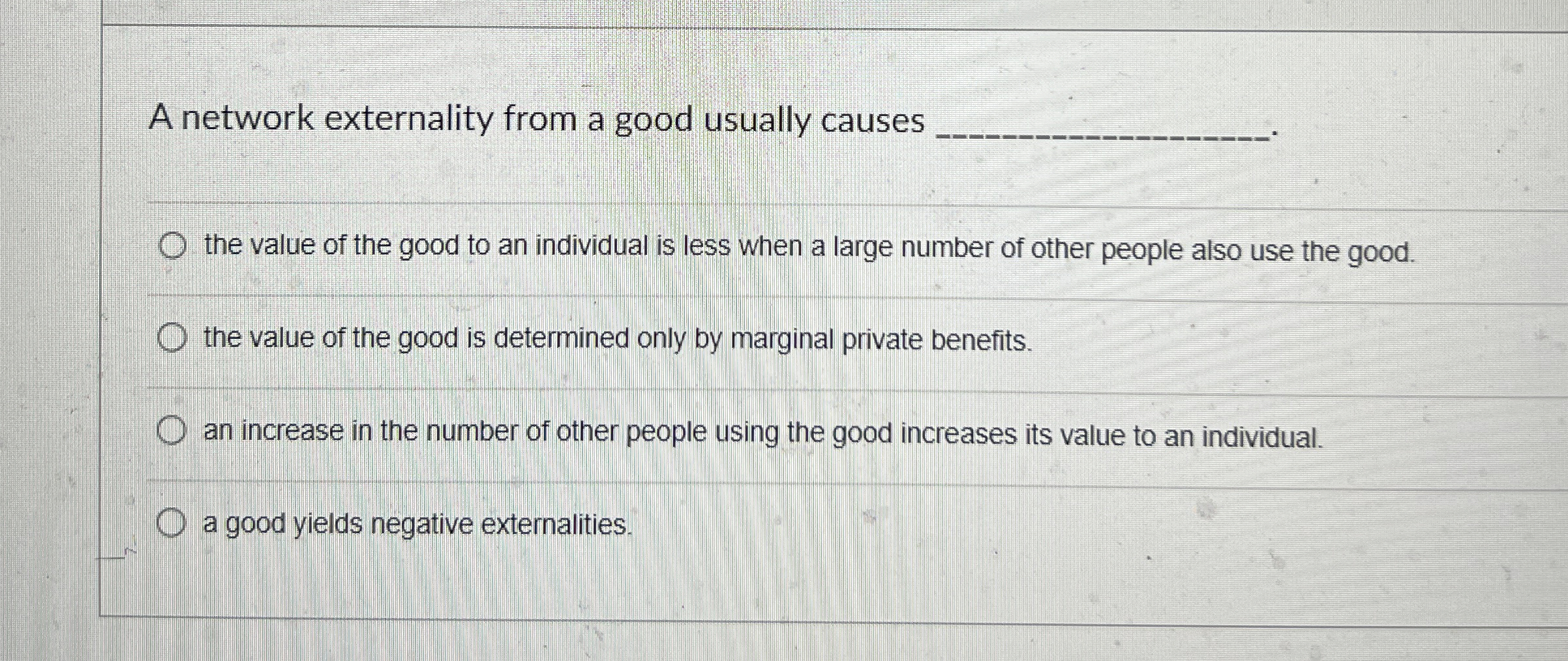 Solved A network externality from a good usually causesthe | Chegg.com