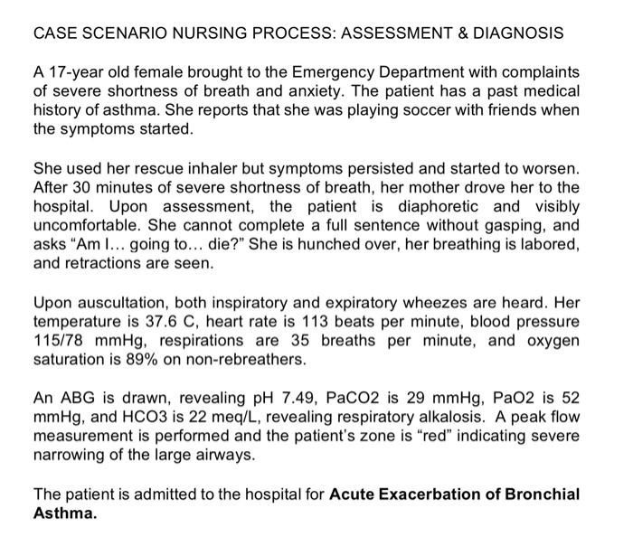 Solved CASE SCENARIO NURSING PROCESS: ASSESSMENT \& | Chegg.com