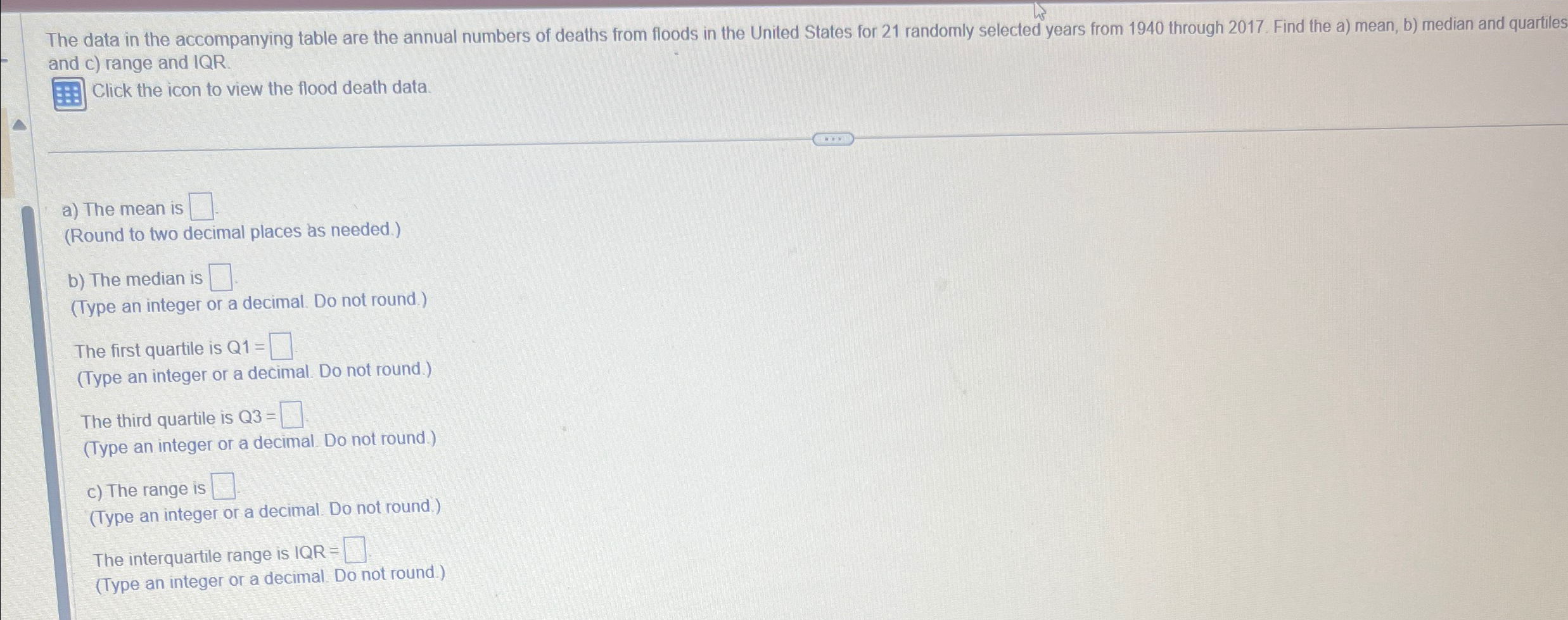 Solved Flood Death Data\table[[Number of Flood Deaths | Chegg.com
