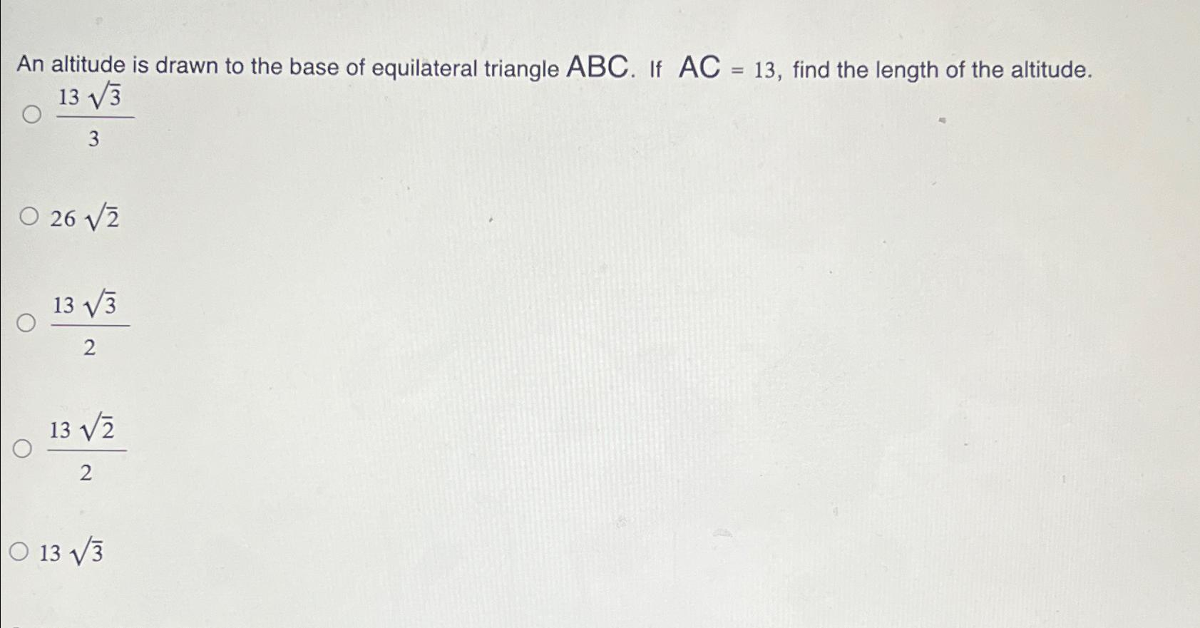 Solved An altitude is drawn to the base of equilateral | Chegg.com