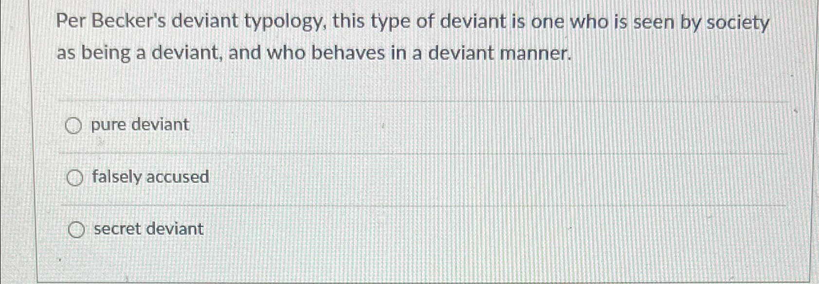 Solved Per Becker's deviant typology, this type of deviant | Chegg.com