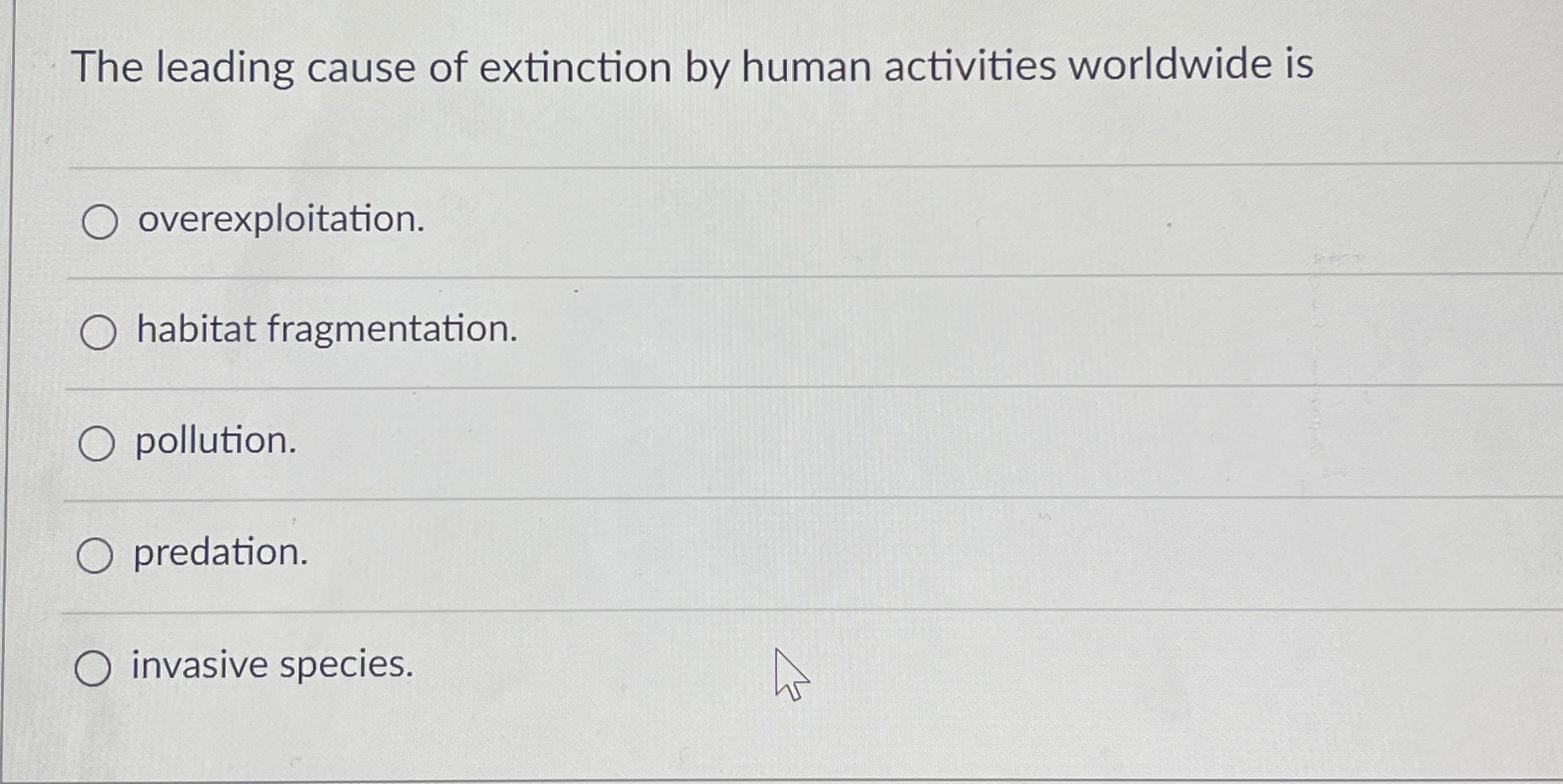 Solved The leading cause of extinction by human activities | Chegg.com