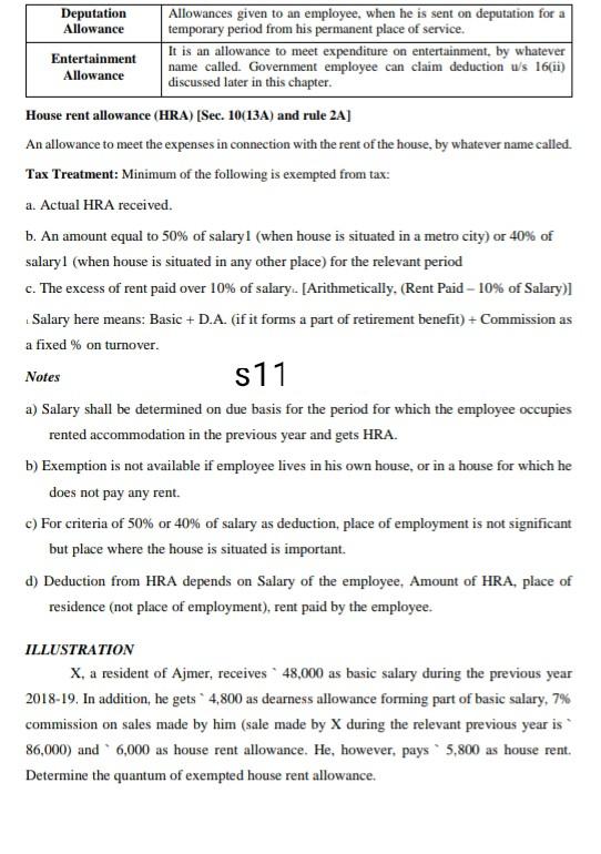 Solved Deputation Allowances given to an employee, when he | Chegg.com