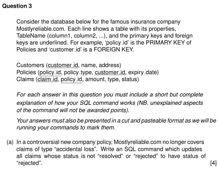 Solved Consider the database below for the famous insurance | Chegg.com