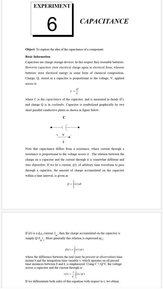 EXPERIMENT 6 CAPACITANCE Object: To explore the idea | Chegg.com