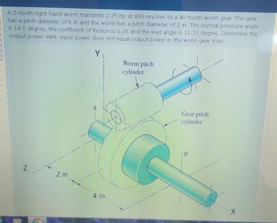 Solved A 2-tooth right-hand worm transmits 2.25 hp at 800 | Chegg.com
