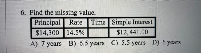 Solved 6. Find the missing value. A) 7 years B) 6.5 years C) | Chegg.com