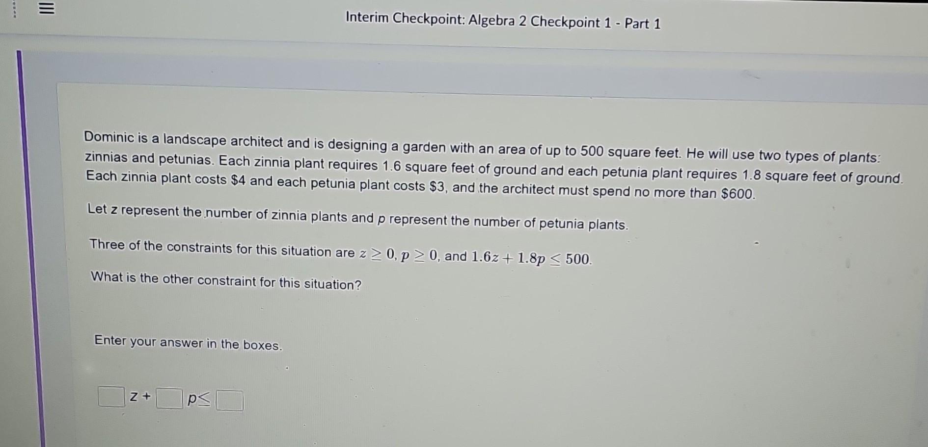 Solved Interim Checkpoint: Algebra 2 Checkpoint 1 - Part 1 | Chegg.com