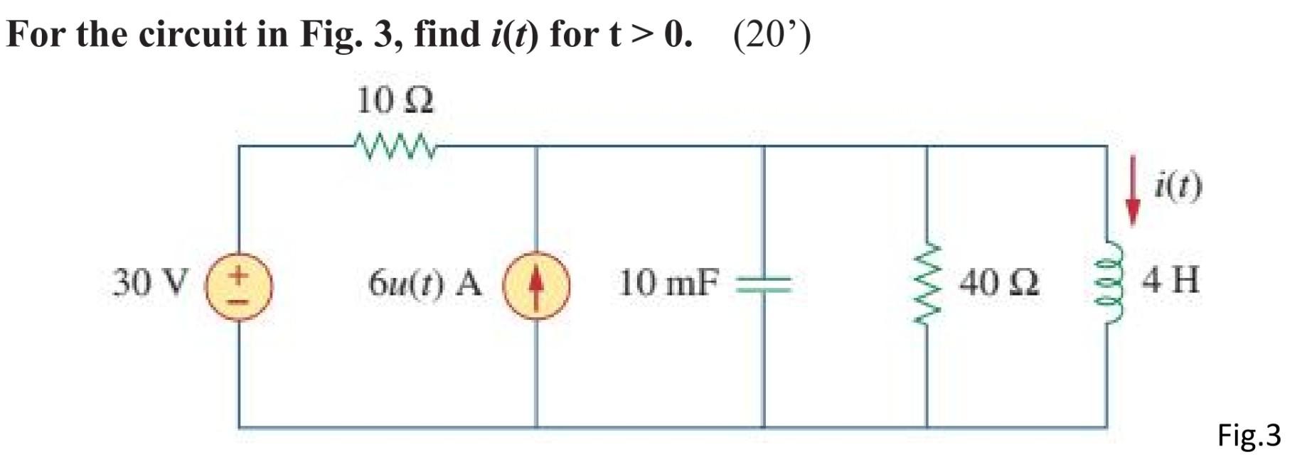 Solved For the circuit in Fig. 3, find i(t) for t> 0. | Chegg.com