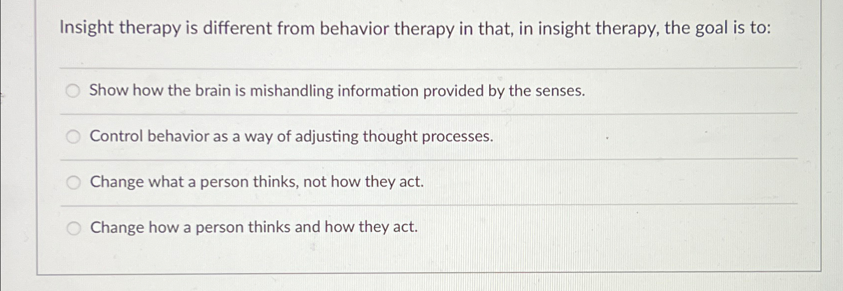 Solved Insight therapy is different from behavior therapy in | Chegg.com