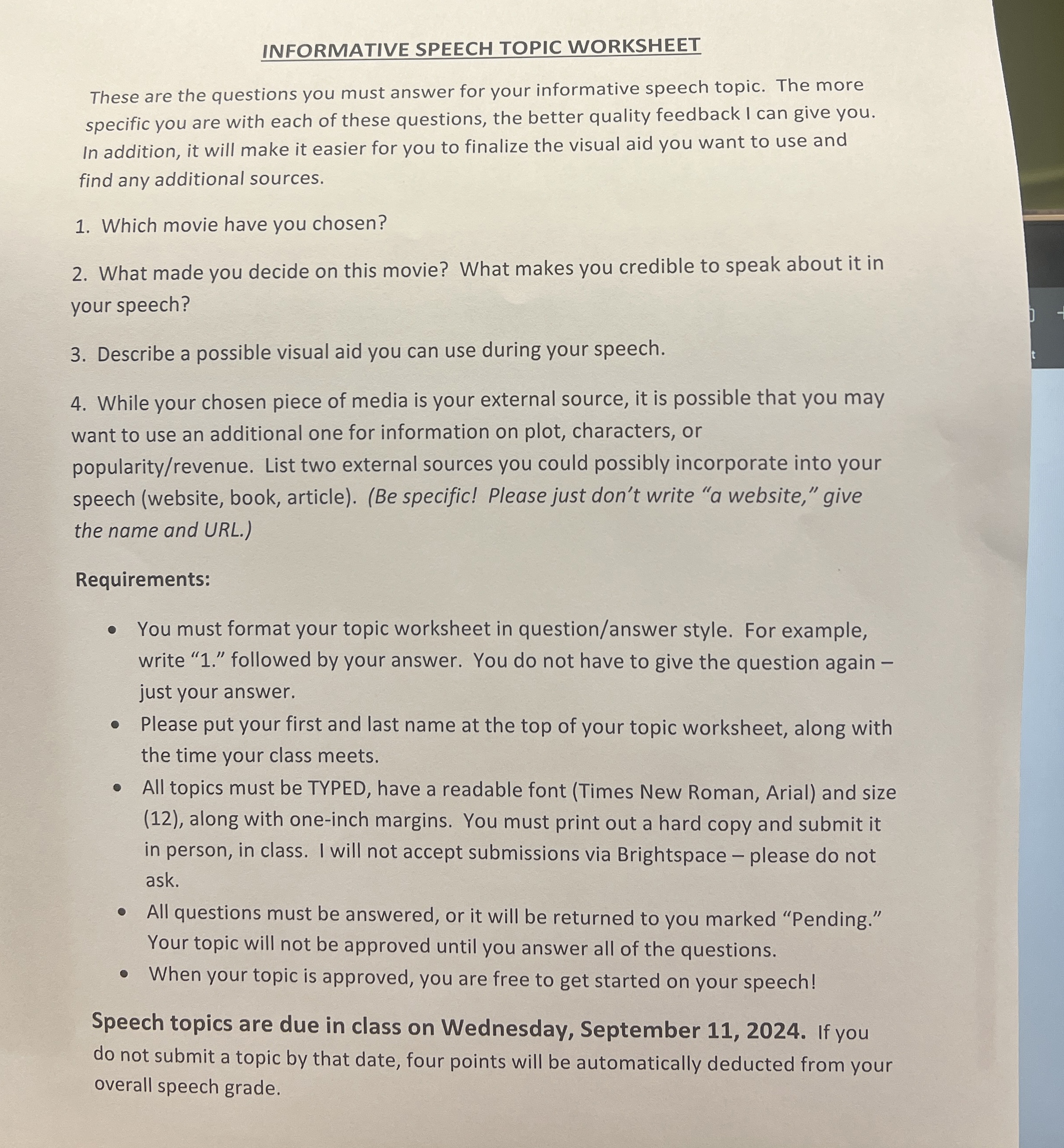 Solved INFORMATIVE SPEECH TOPIC WORKSHEETThese are the | Chegg.com