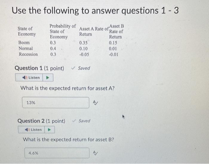 Solved Use the following to answer questions 1 - 3 Question | Chegg.com