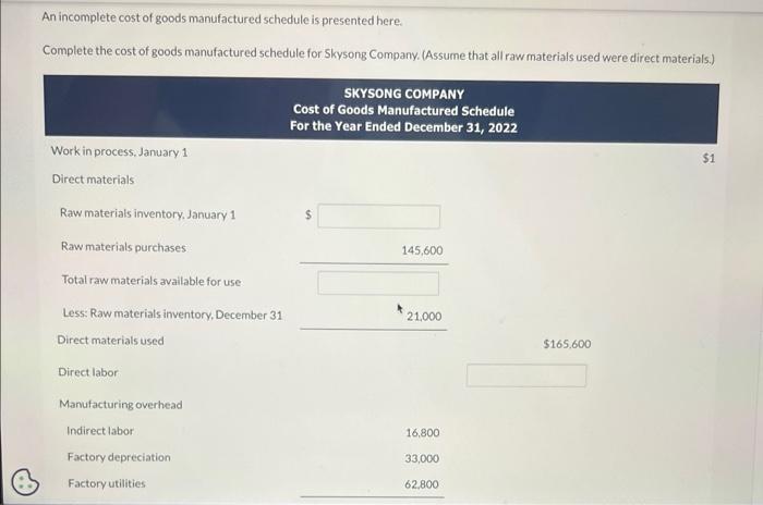 An incomplete cost of goods manufactured schedule is | Chegg.com