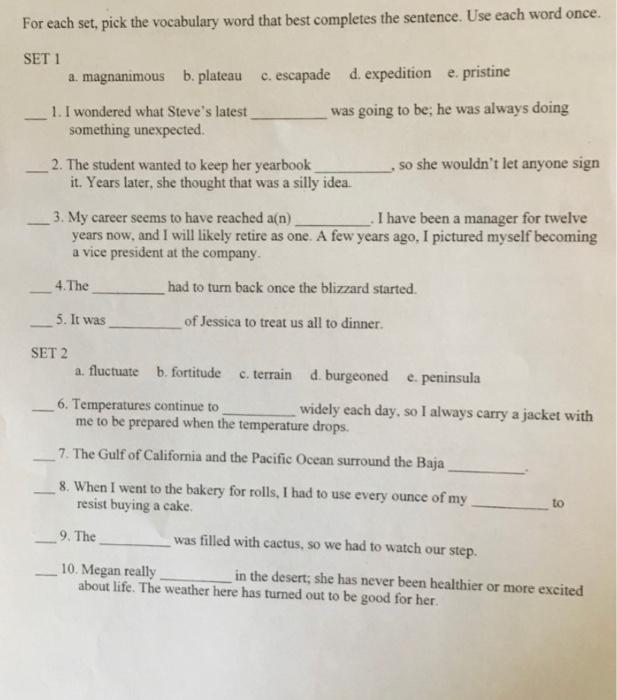 Solved For each set, pick the vocabulary word that best | Chegg.com